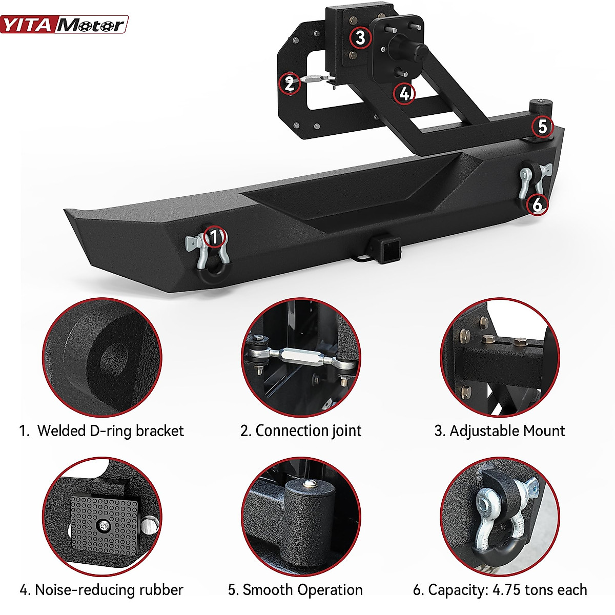 YITAMOTOR Rear Bumper with Tire Carrier Compatible for 2018-2024 Jeep Wrangler JL & Unlimited JLU (2/4 Doors), Full Width Back Bumper w/ 2" Hitch Receiver & D-Rings