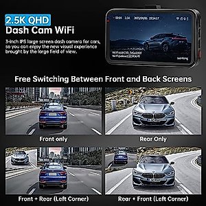 Dash Cam Front and Rear, Dash Camera for Cars WiFi/APP Control Dashcam W/ 64G SD Card, 2.5K Dash Cam Front + 1080P Rear Car Camera W/Super Night Vision, Loop Recording, G-Sensor, Max Support 256GB