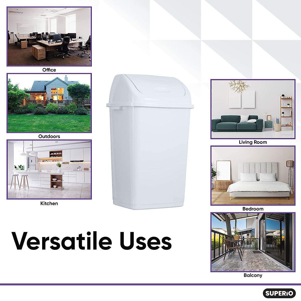 Superio Kitchen Trash Can 13 Gallon with Swing Lid, Plastic Tall Garbage Can Outdoor and Indoor, Large 52 Qt Recycle Bin and Waste Basket for Home, Office, Garage, Patio, Restaurant (White)