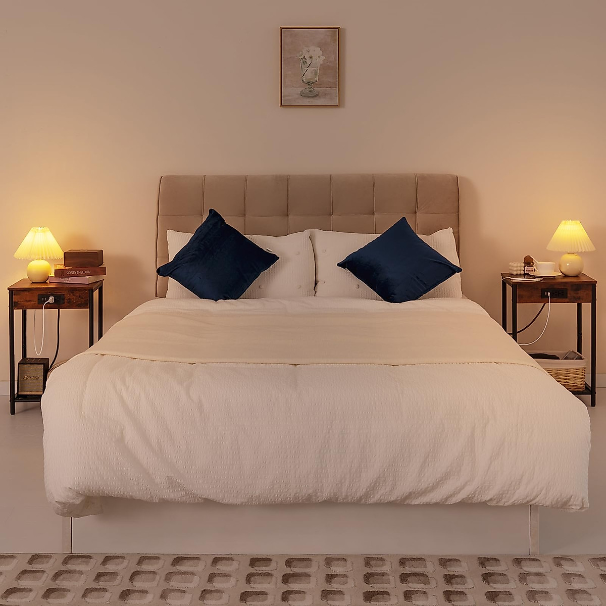 Yoobure Side Table with Charging Station, End Tables Living Room, Industrial 2 Tier Nightstand with USB Ports, Rustic Narrow Small Table with Storage Shelf for Bedroom, Office, Small Spaces