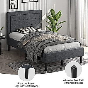 Giantex Upholstered Bed Frame, Modern Platform Bed w/Button Tufted Headboard, Solid Slats Support Mattress Foundation, No Box Spring Needed, Easy Assembly, Noise-Free Design, Twin, Grey