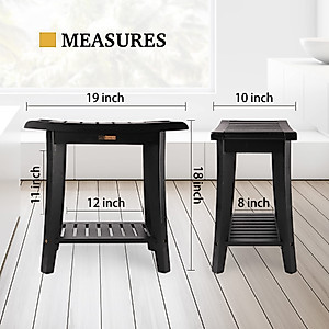 Bamboo Shower Bench Inside Shower Stool with Storage Shelf, Spa Bath Chair for Bathroom, Seat or Organizer for Living Room, Bedroom and Garden - Great for All Ages Unisex Elderly (Waterproof, Black)