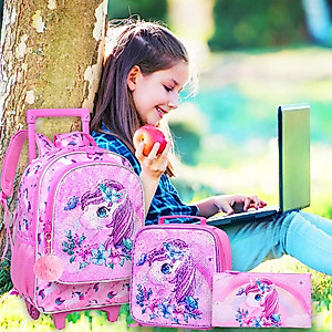 KLFVB Rolling Backpack for Girls, Kids Roller Wheels School Bookbag with Lunch Bag, Wheeled School Bag for Children - Unicorn