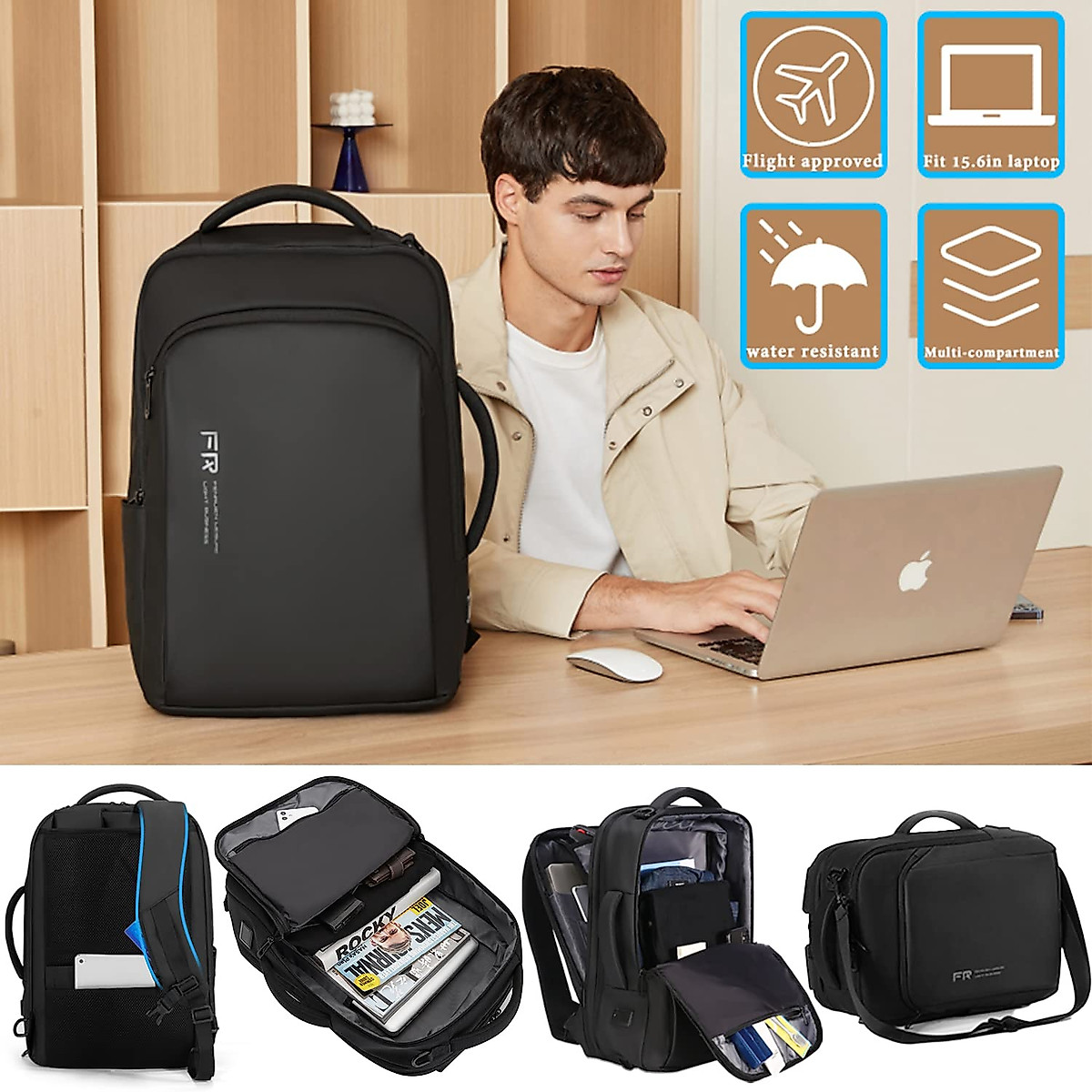 FENRUIEN Expandable Travel Backpack 15.6 Inch with USB Laptop Backpack Anti Theft Waterproof Business Smart Backpack, Multipurpose Large Capacity Daypack College School Bookbag for Men, Black