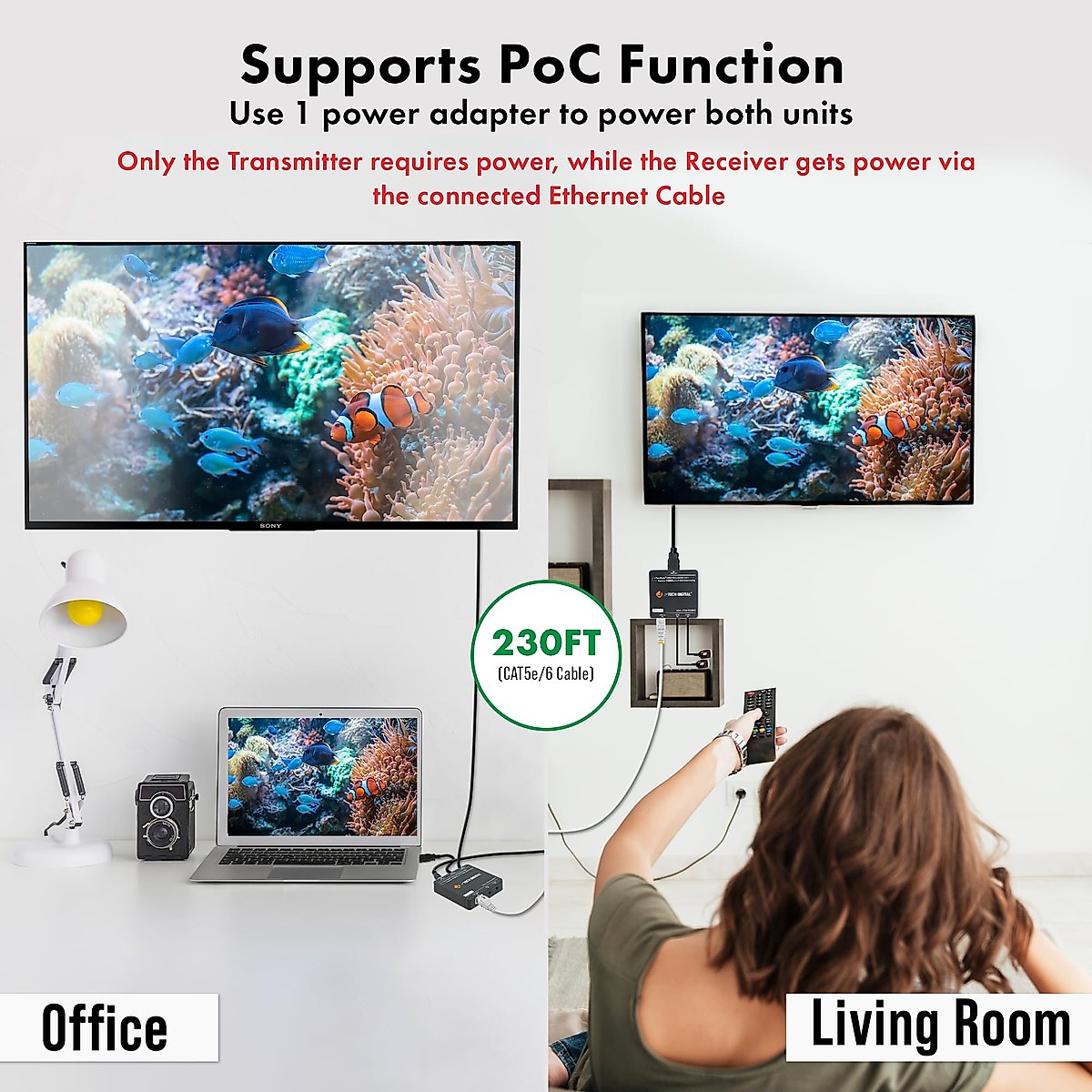 J-Tech Digital HDMI Extender 4K 60Hz Over Cat5e/6 Ethernet Cable Up to 230ft. Supports 4K Downscale HDMI Loop Out PoC HDR Bi-Directional IR [JTECH-EX230V2]