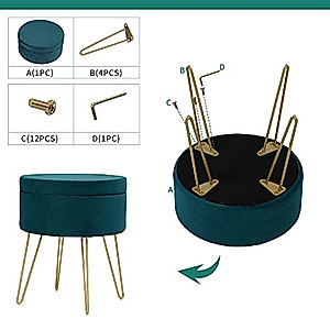 YITAHOME Modern Velvet Upholstered Round Storage Ottoman Footrest Vanity Stool with Gold Metal Legs & Tray Top Coffee Table Having 17.5” Height and Holds Upto 330 Lbs (Teal)