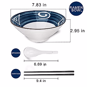 CYSNATU Japanese Ramen Bowl, Ceramic Ramen Bowls Set of 2, 34oz Large Ramen Bowl Noodle, Ramen Bowl with Chopsticks and Spoon(Blue and White)