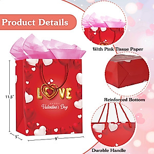 WhatSign Valentine Gift Bags Happy Valentines Day Gift Bags with Handles 11.5" Valentine's Paper Gifts Bags with Tissue Paper Valentines Gifts Bags for Her Him Girlfriend Boyfriend Wife Husband Women