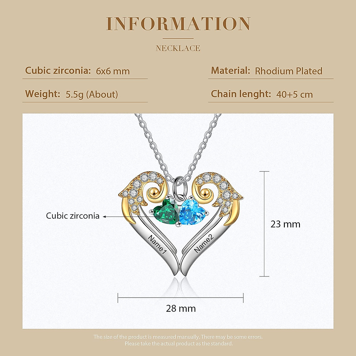 Zomodia Personalized Simulated Birthstone Necklace for Women, Angel Wings Necklace Custom Mom Necklace with Names Engraved Heart Promise Pendant for Her (2 stones)