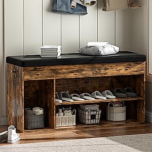 Visionwards Shoe Bench with Storage, Entryway Bench with Flip Top Shoe Storage Space and Padded Cushion, 2 -Tier Vintage Shoe Bench Entryway with Storage for Hallway, Living Room, Rustic Brown