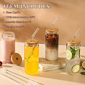 20 OZ Glass Cups with Bamboo Lids and Glass Straw - 4pcs Set Beer Can Shaped Drinking Glasses, Iced Coffee Glasses, Cute Tumbler Cup for Smoothie, Boba Tea, Whiskey, Water - 2 Cleaning Brushes