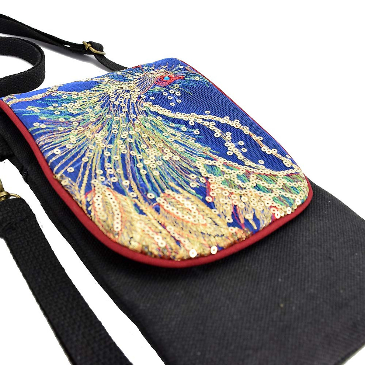 Vintage Canvas Boho Crossbody Purse Phoenix Sequin Wristlet Wallets for women Cell Phone Wallets (Blue)