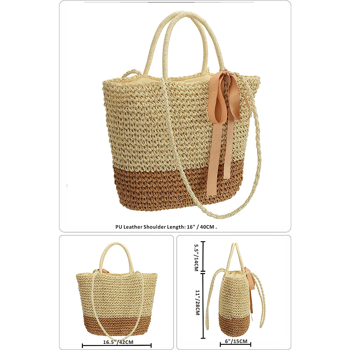 So'each Women's Handbag Color Matching Bow Wicker Woven Rattan Straw Tote Shoulder Bag Beige