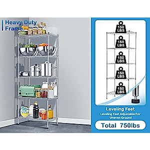 Metal Shelving, 5 Tier 750 Lbs Capacity Wire Shelving with Leveling Feet, Nsf Certified Metal Shelves for Kitchen Pantry Closet Laundry Bathroom Office, 5-shelf Metal Storage Shelves Storage Rack