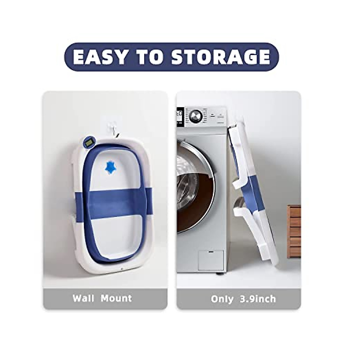 NAPEI Collapsible Baby Bathtub,Baby Bath Tub with Soft Cushion & Thermometer,Portable Travel Bathtub with Drain Hole,Durable Baby Bathtub Newborn to Toddler 0-36 Months(Blue+ Floating Soft Cushion)