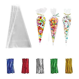 Cone Shaped Cellophane Treat Bags, 6.3"x11.8" Cello Clear Plastic Cone Shaped Goodie Bags With Multicolor Twist Ties, Cone Bags Triangle Bags For Candy, Popcorn Favor, Treats
