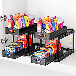 2PACK Double Sliding Cabinet Organizer, Under Sink Organizers and Storage, 2 Tier Kitchen Organization with 6 Hooks, Bathroom Countertop Organizer, Pull Out Cabinet Organizer Baskets