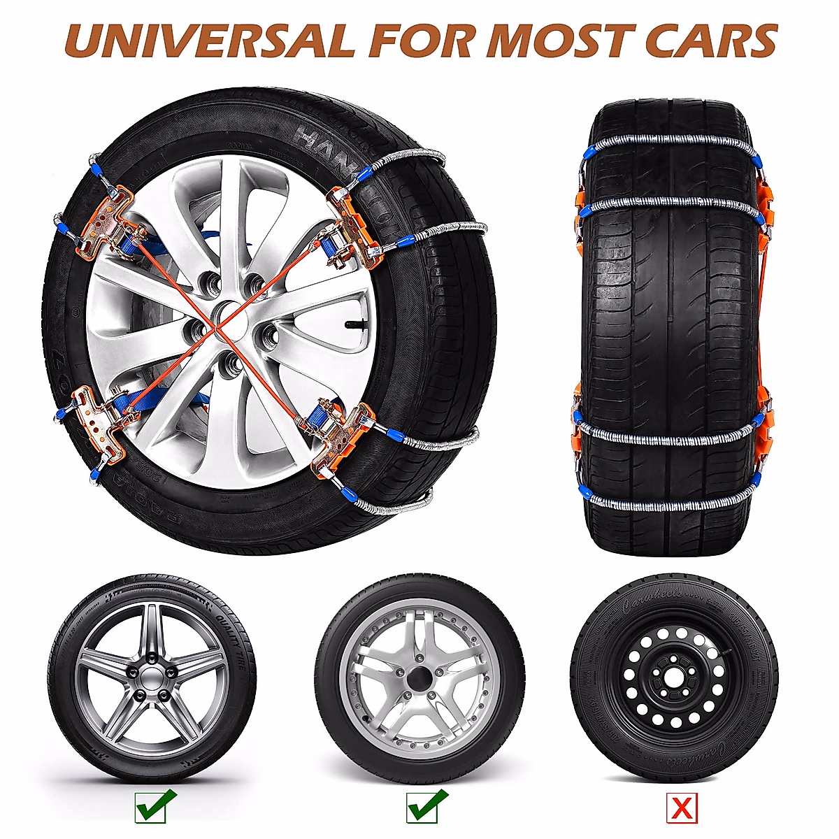 QIYISS Snow Chains, Tire Chains for SUV Car Pickup Trucks, Universal Adjustable Emergency Traction Chains, Tire Width 195 205 215 225 235 245 255 265MM 8pack