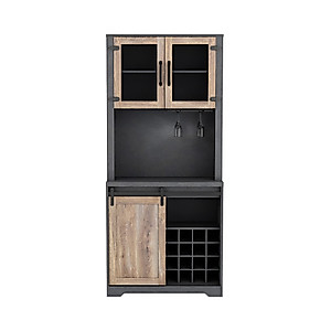 Tiophome Bar Cabinet for Liquor & Glasses, Stemware Holder & Sliding Barn Doors & 7 Storage Shelves & 16-Bottle Wine Rack, Farmhouse Wooden Coffee Sideboard Buffet Tall Freestanding Cabinets Pantry