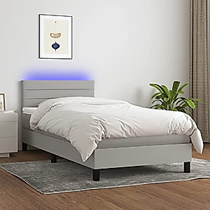 TIFITGO Indoor Fashion Furniture Beds Accessories Box Spring Bed 76"x39.4" Single Bed with Mattress&LED Light Gray Twin Fabric Bed Frames US Stock Fast Shipment