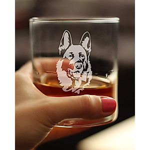 German Shepherd Happy Face - Fun Whiskey Rocks Glass Gifts for Men & Women - Unique Whisky Drinking Tumbler Decor