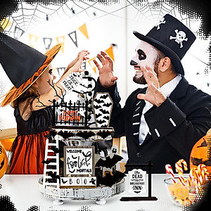 Umigy 15 Pcs Halloween Tiered Tray Decor Set Cute Halloween Bat Wooden Signs Farmhouse Rustic Tiered Tray Decoration Items for Home Table Kitchen Halloween Party Supplies