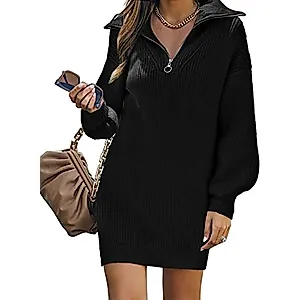 HOTOUCH Women Causal Long Sleeve V Neck Knit Sweater Dresses 1/4 Zip Pullover Sweater Dress Loose Jumper Sweaters (Black S)