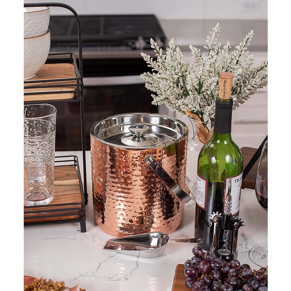 BirdRock Home Ice Bucket with Scoop & Lid - 2.8 Liter Hammered 18/8 Stainless Steel Container for Bar - Double Wall Insulated Bucket with Carrying Handle - Great for Parties - (Copper)