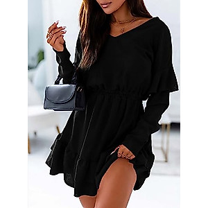 Dokotoo Womens Short Dresses 2023 Casual Spring Summer V-Neck Long Baggy Sleeve Fall Ruffle Dress A Line Swing Skater Tunic Mini Dresses Black Dress Small