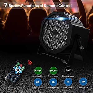 missyee 36 RGB LED DJ Stage Uplight -DMX Control Sound Activated with Remote Control and 9 Modes LED for Wedding, Events, Christmas and Halloween Music Disco Party -R&D in USA -4 Pack