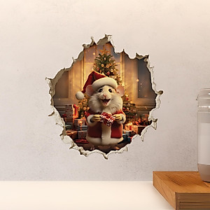 Santa Mouse in Mouse Hole Decal - Mouse Hole 3D Wall Sticker