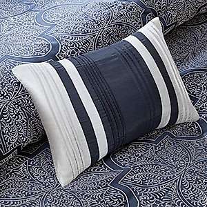 Madison Park Medina Comforter Set-Casual Jacquar Damask Design All Season Cozy Bedding, Matching Bedskirt, Shams, Decorative Pillows, Queen (90 in x 90 in), Damask Navy 8 Piece