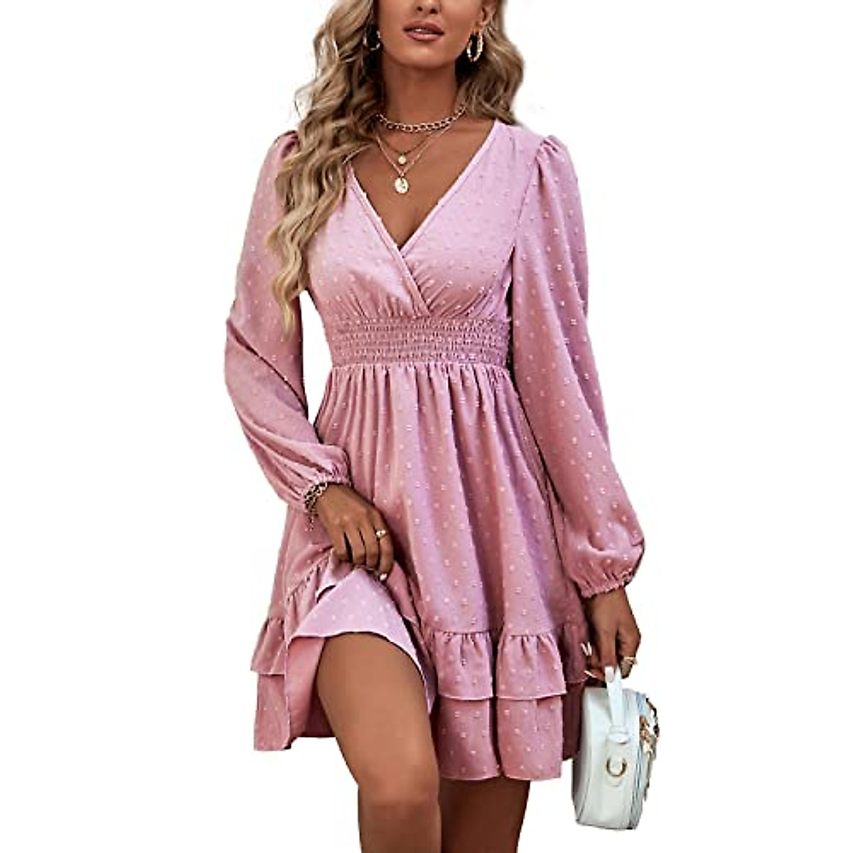 Rooscier Women's Wrap V Neck Swing Ruffle Swiss Dots Long Sleeve Mini Dress Solid Pink Medium