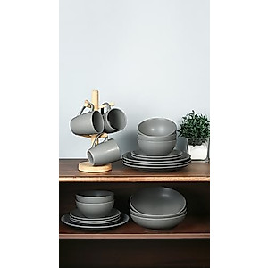 Famiware Moon Dinnerware Sets for 4, 12 Piece Stoneware Plates and Bowls Sets with Speckled Design, Microwave and Dishwasher Safe, Dark Gray