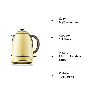 BUYDEEM K640 Stainless Steel Electric Tea Kettle with Auto Shut-Off and Boil Dry Protection, 1.7 Liter Cordless Hot Water Boiler with Swivel Base, 1440W, Mellow Yellow