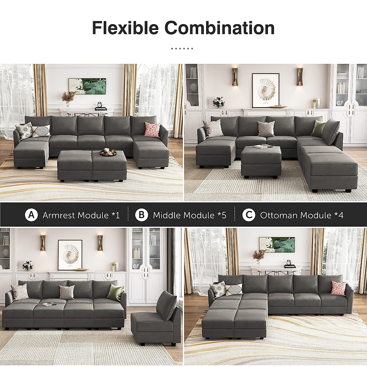 HONBAY Reversible Modular Sofa Couch with Chaise L Shaped Sectional Sofa Oversized Velvet Modular Sofa Sleeper with Storage Seats, Grey