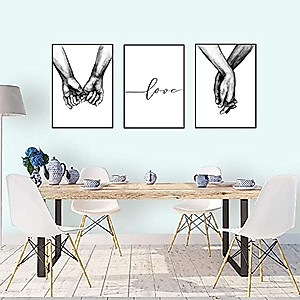 16"x20" Love and Hand in Hand Wall Art Canvas Print Poster,Simple Fashion Black and White Couples Love Hands Sketch Art Line Drawing Decor for Home Living Room Bedroom Office(Set of 3 Unframed)