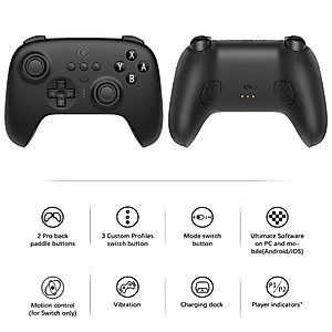 AKNES 8Bitdo Ultimate Bluetooth Controller with Charging Dock, Wireless Pro Controller with Hall Effect Sensing Joystick, Compatible with Nintendo Switch/Windows/Steam Deck - Black