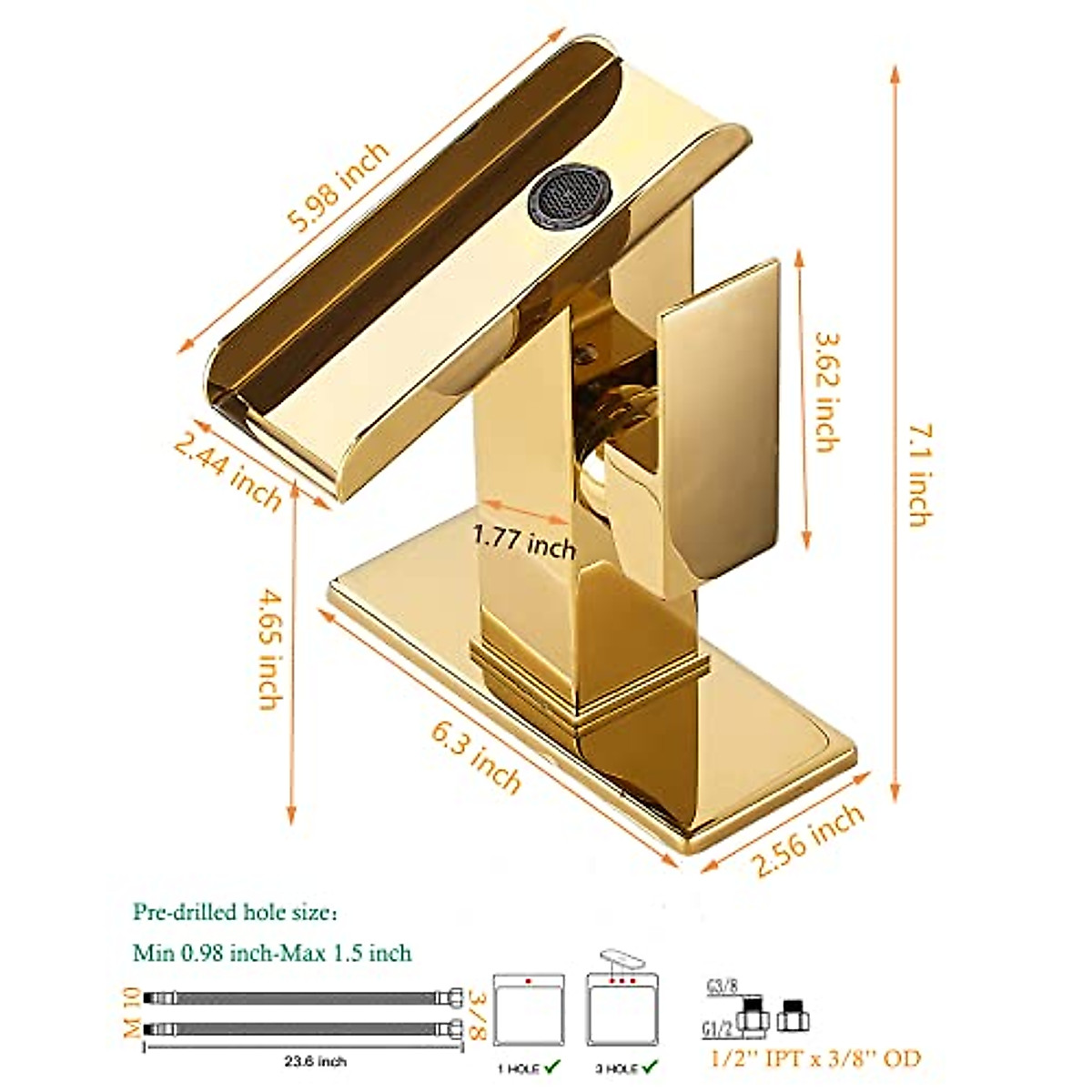 Bathroom Sink Faucet Gold Single Handle 1 or 3 Hole 4 Inch Waterfall Open Spout Bathroom Faucets Modern Brass Lavatory Bath RV Vanity Sink Faucets Basin Mixer Tap with Supply Line Cover Plate