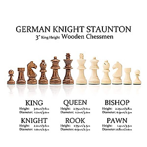 A&A Wooden Weighted Chess Pieces/German Knight Staunton Style / 2 Extra Queens/King Height 3“（7.5cm）