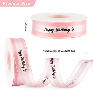 Happy Birthday Ribbon for Gift Wrapping, 1 Inch 25 Yards Pink Ribbon for Flower Bouquet, Organza Satin Ribbon for Crafts Bow Making Cake Box Party Decoration, Happy Birthday Ribbon for Flower Bouquet