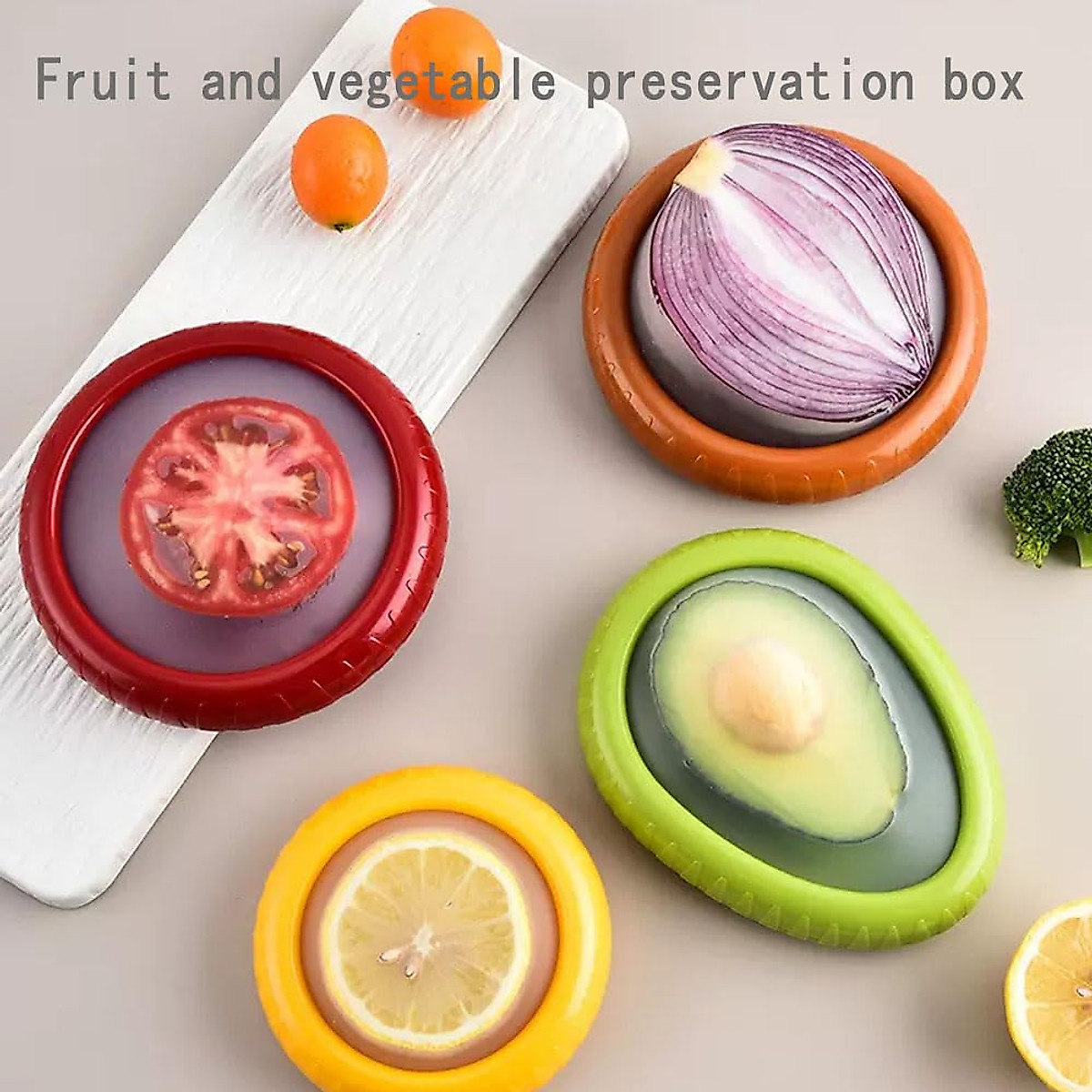 4PCs Silicone film cover+ABS Fruit and Vegetable Storage Containers Set for Fridge, Onion Storage Container, Avocado keeper,Tomato Saver,and Lemon holder reusable food savers