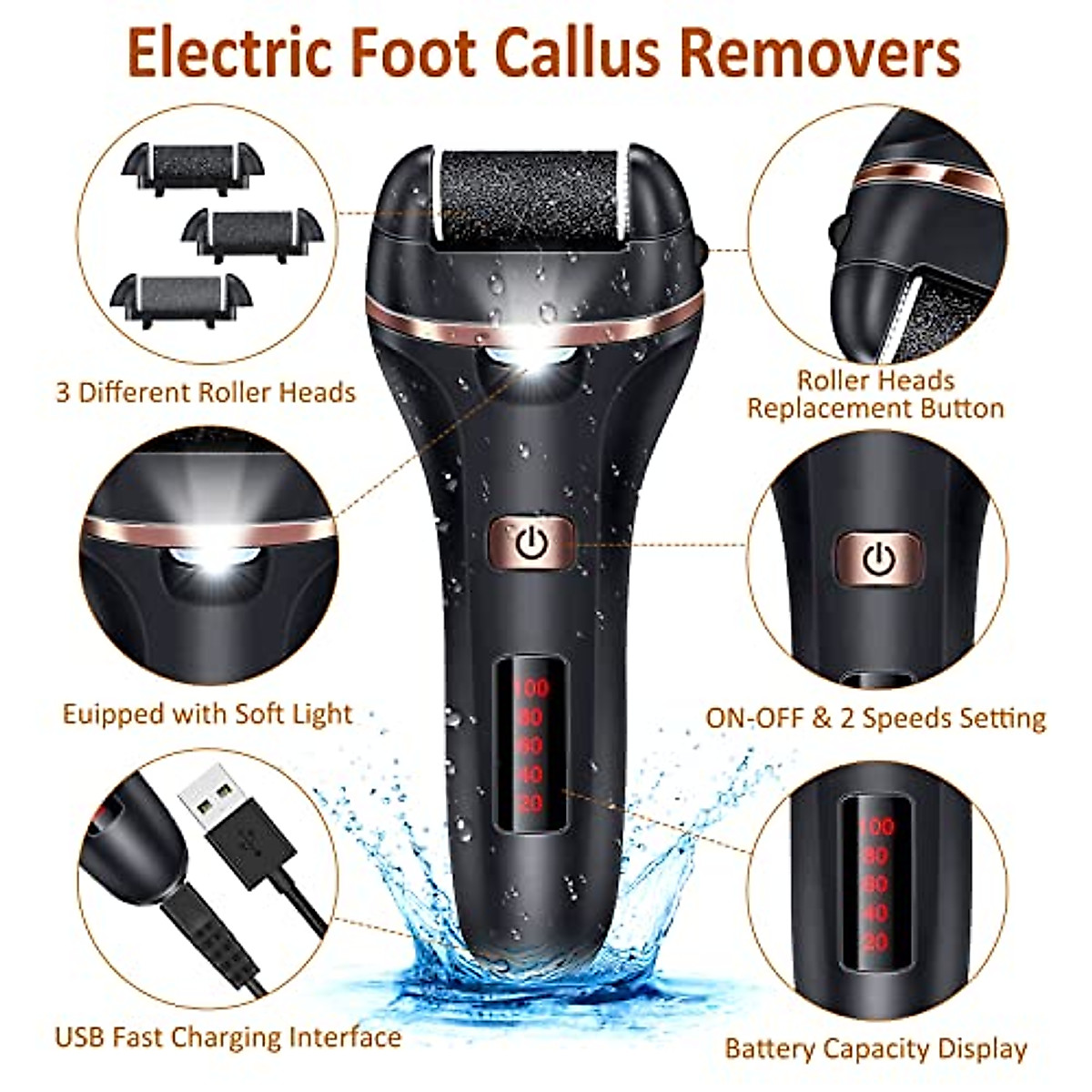 Electric Foot Callus Remover Kit, Banral 10 in1 Rechargeable Pedicure Tools Foot Care Feet File with 3 Roller Heads,2 Speed,Battery Display for Remove Cracked Heels Calluses and Dead Skin