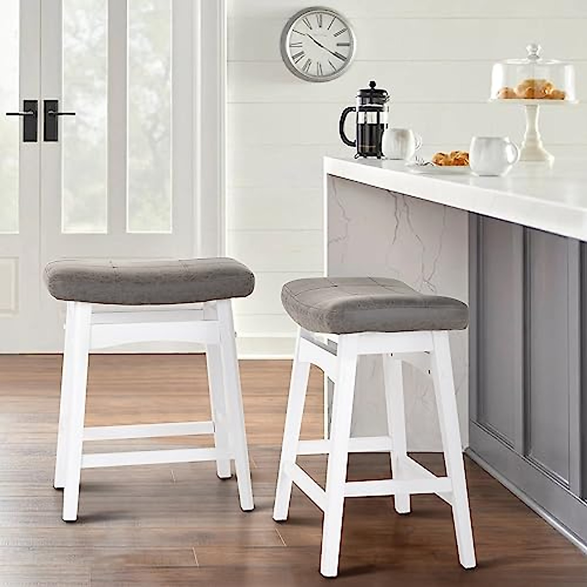 Erste!Bravo White Solid Wood Bar Stools Set of 2 for Kitchen Counter Height Barstools with Faux Leather Saddle Seat Farmhouse Upholstered Stools for 34"-38" Counter Island, Grey Cushion & White Legs