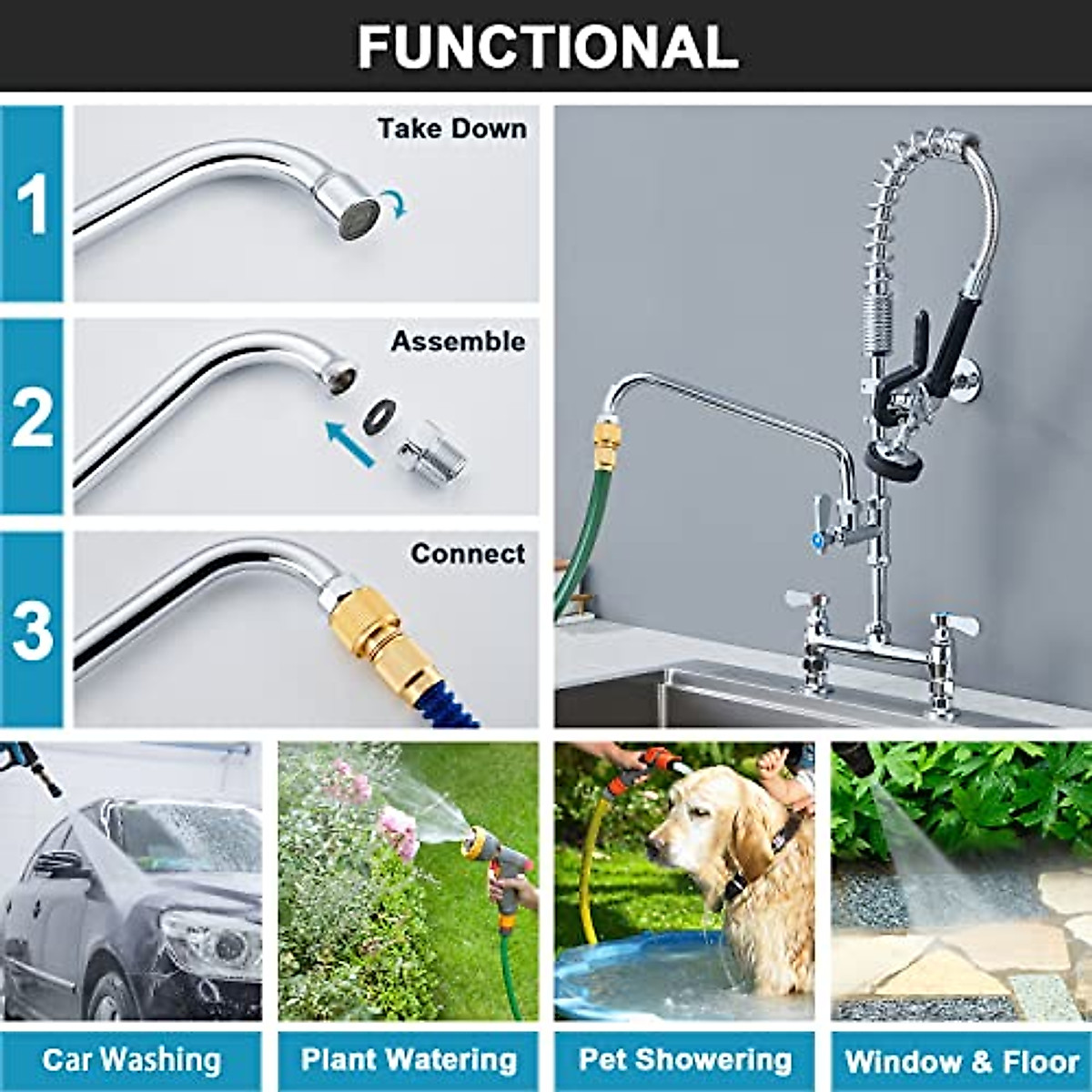 Favorpo Commercial Sink Faucets with Pull Down Sprayer 24"Pre-Rinse Height Deck Mount Kitchen Faucet Brass Constructed Polished Chrome 8" Center Faucet with 10" Add-on Spout for 3 Compartment Sink