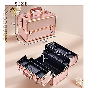 Joligrace Makeup Train Case Professional - 13.5 Inch Portable Artist Lockable Aluminum Cosmetic Organizer Storage Box with 4 Adjustable Dividers Trays 2 Locks and Shoulder Strap Rose Gold