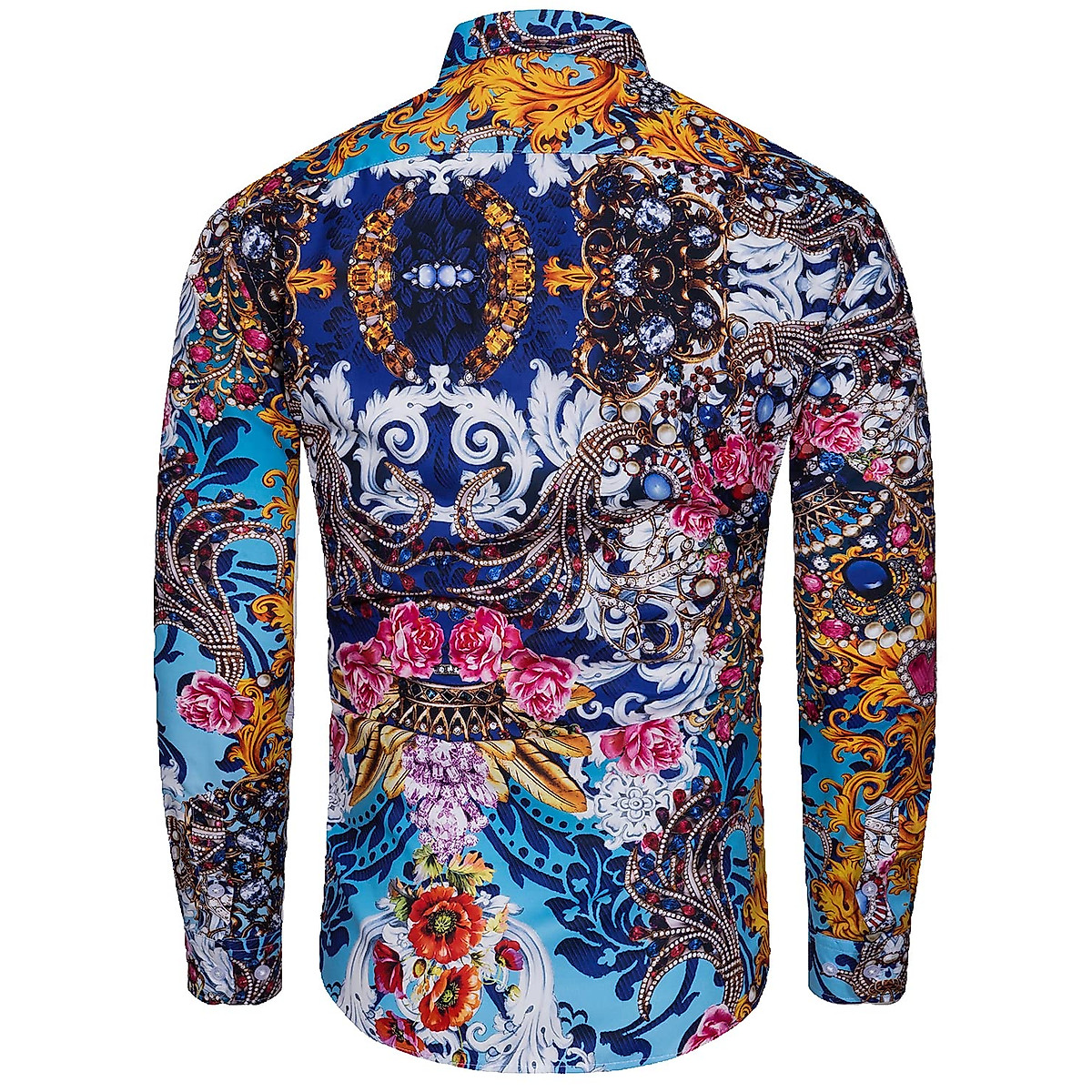 fohemr Mens Luxury Dress Shirts Baroque Gold Chain Print Casual Long Sleeve Button Down Shirt Blue Large