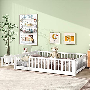 Tatub Full Size Floor Bed with Safety Guardrails, Door and Slats, Montessori Floor Bed Frame, Wood Montessori Floor Bed for Kids, Girls and Boys, Full-White