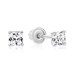 14k White Gold Solitaire Square Princess-cut CZ Stud Earrings with Secure Screw-backs (3mm)…