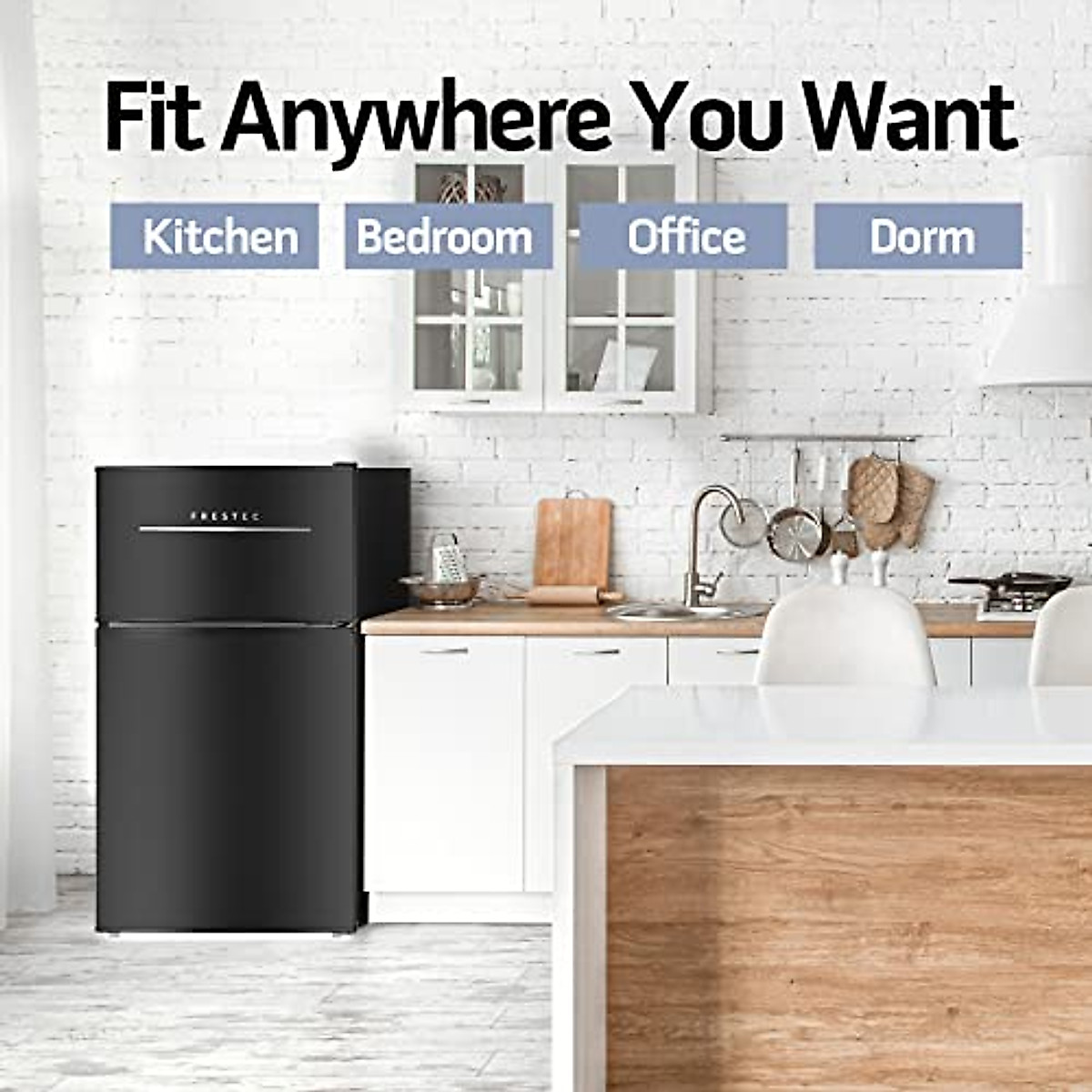 Frestec 3.2 Cu.Ft Mini Fridge for Bedroom, Mini Refrigerator with freezer, Dorm Fridge with Freezer, 2 Doors Perfect for Room and Office, Adjustable Temperature(Black)